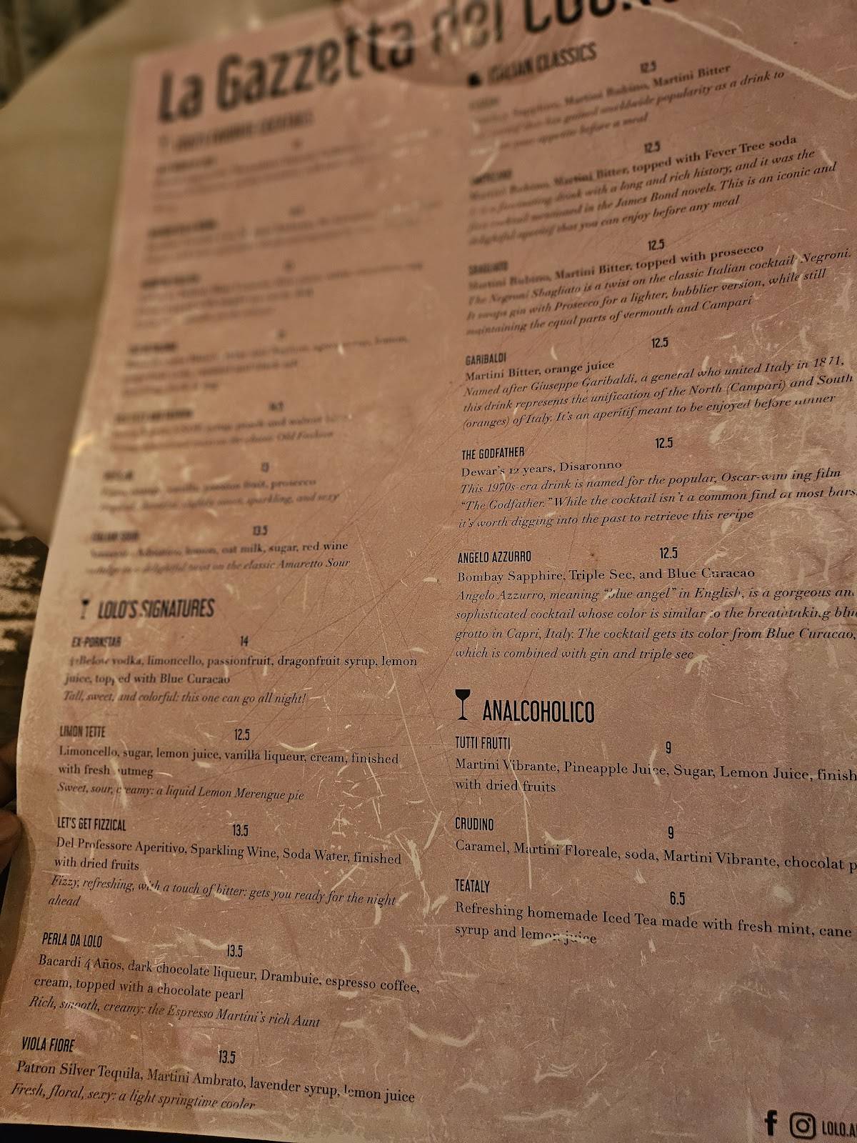 Menu at Lolo Amsterdam, Amsterdam