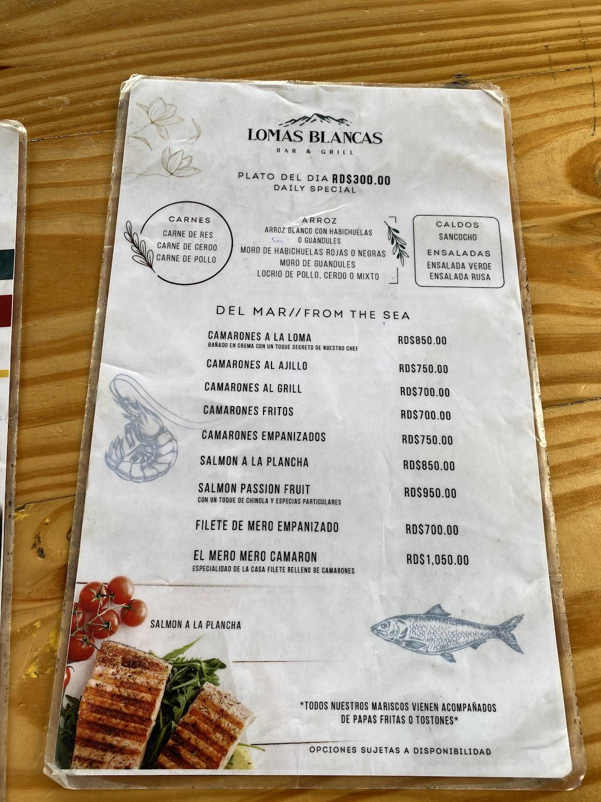 Carta de Lomas Blancas Restaurant Bar & Grill, Dominicana