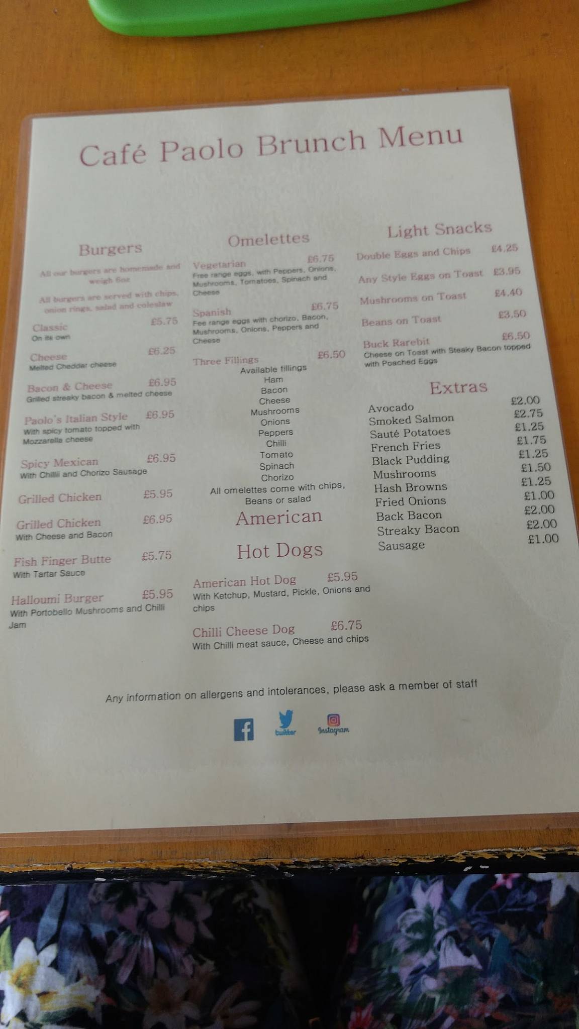 Menu at Café Paolo cafe, London, 1 The Vale