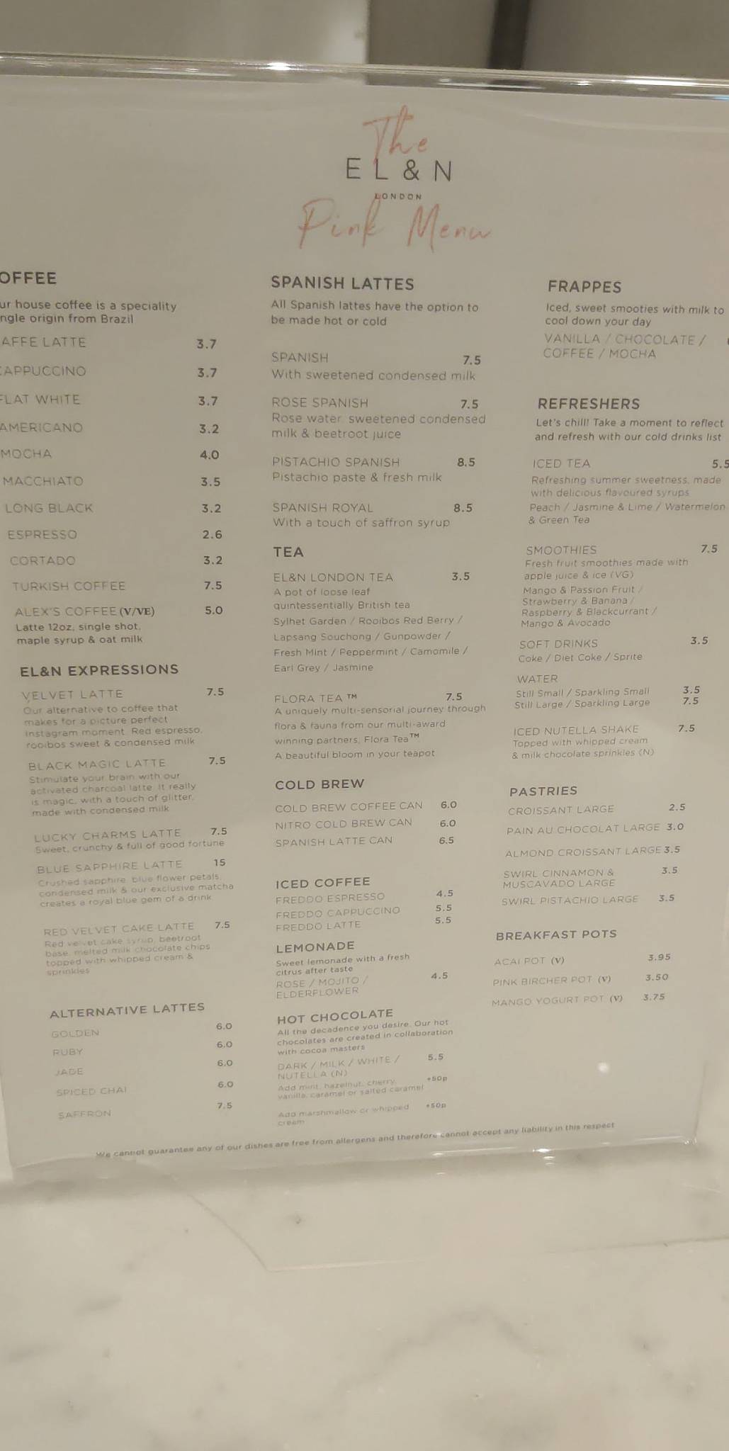 Carta del café EL&N London, Londres, 239 Brompton Rd