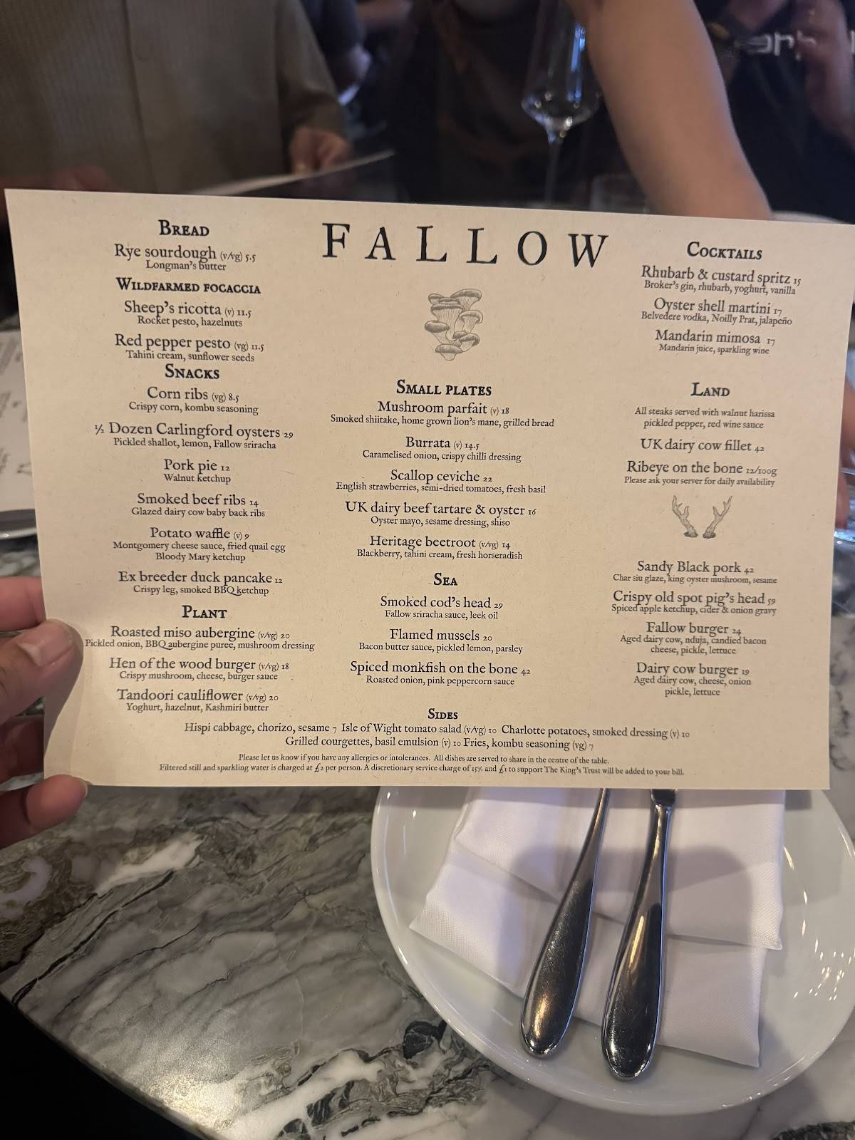 Menu at Fallow restaurant, London