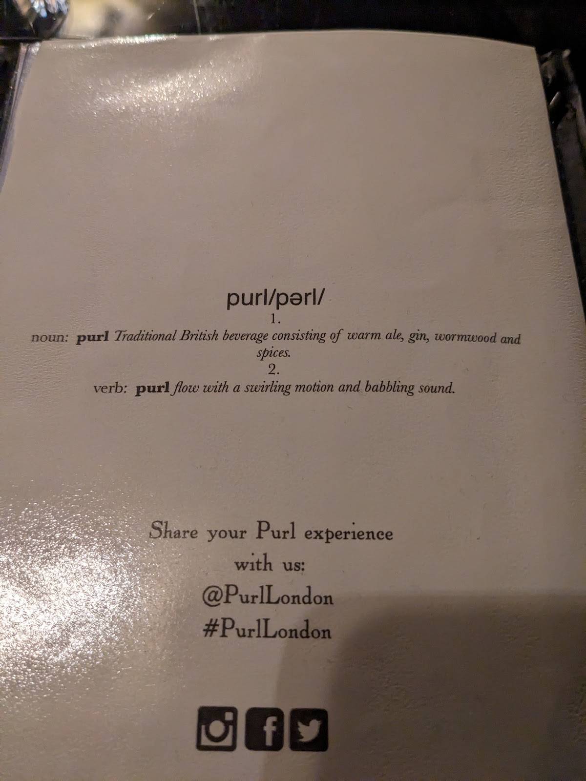 Menu at Purl pub & bar, London