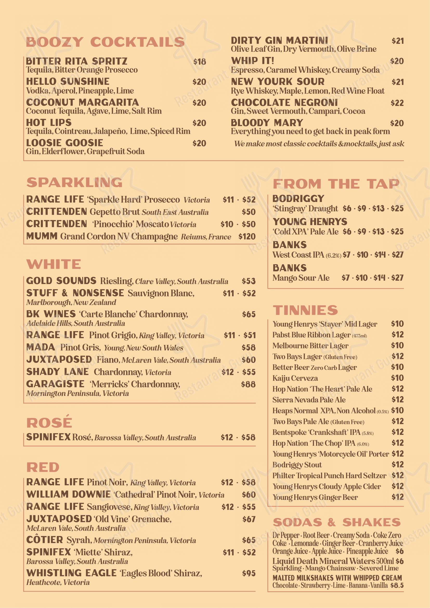 Menu at Loosie's Diner and Bar, Mornington