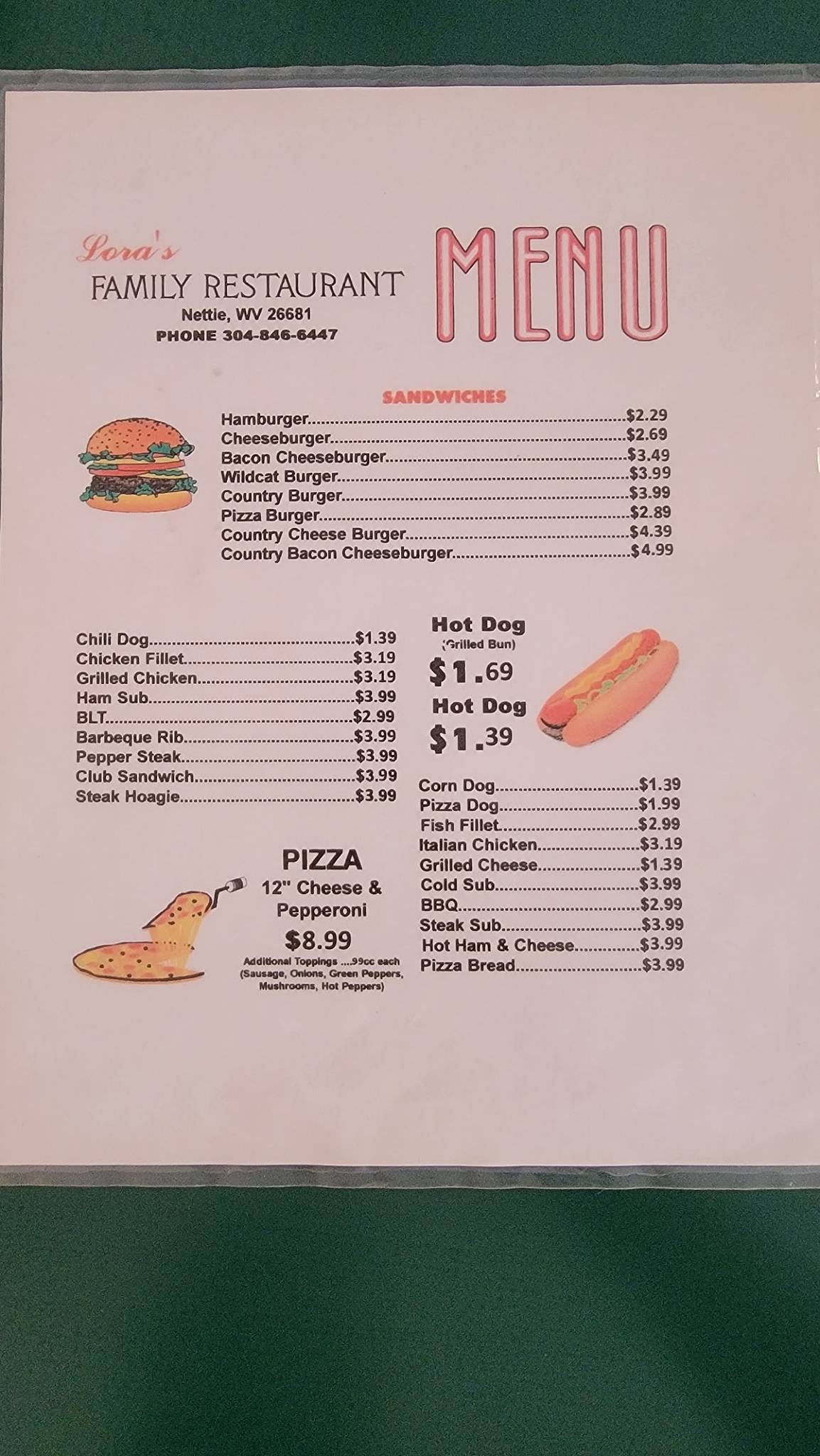 Menu at Lora's Family Restaurant, Nettie
