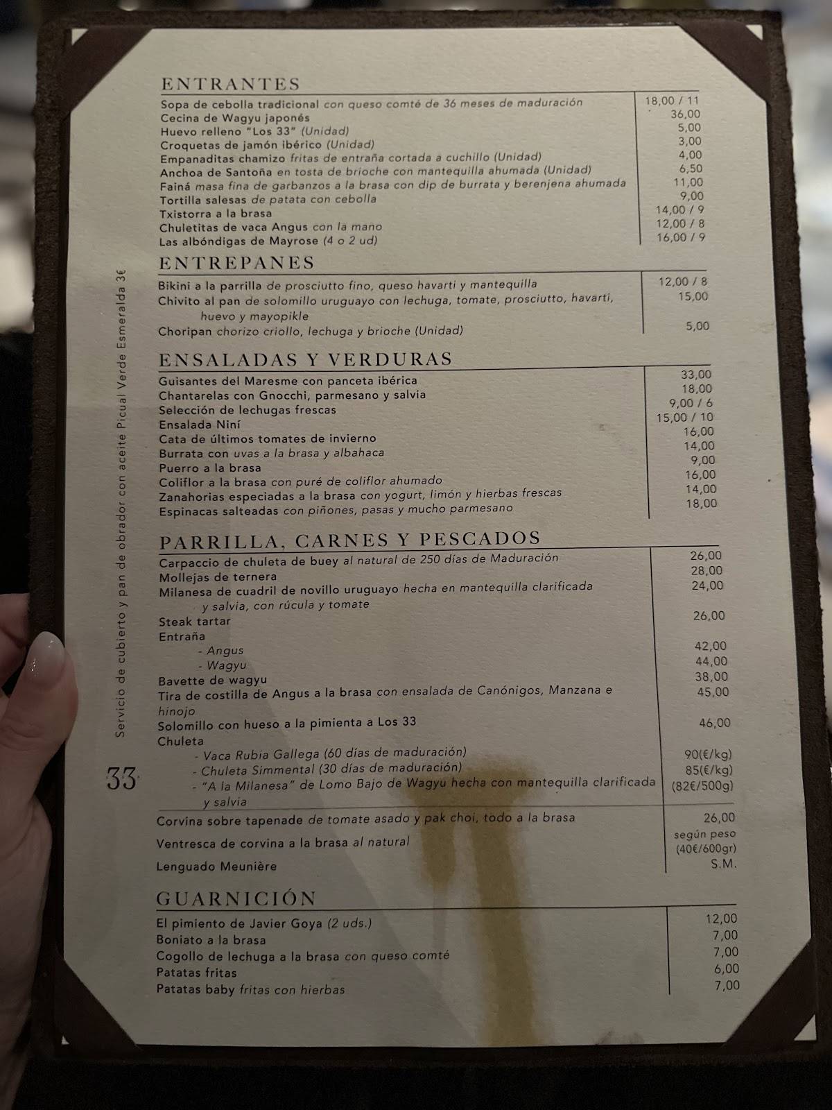 Carta de Los 33 Restaurante, Madrid