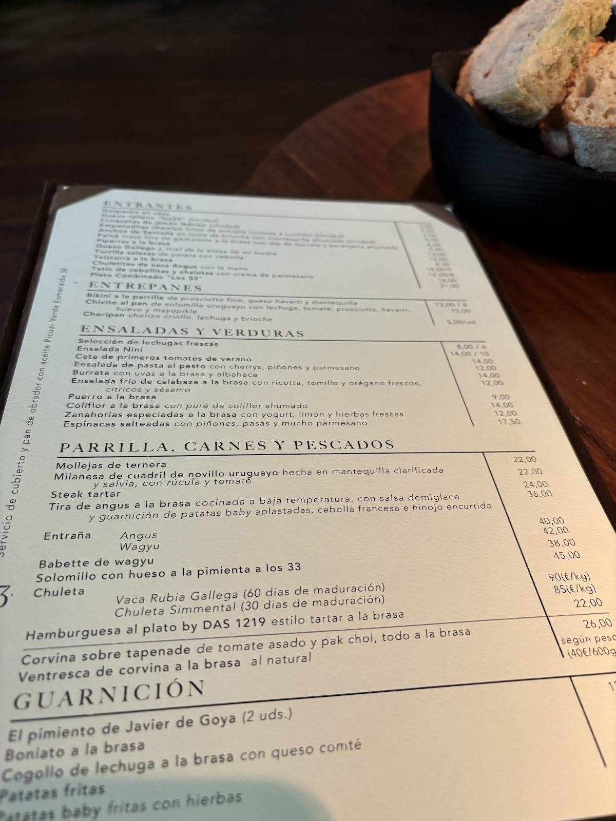 Carta de Los 33 Restaurante, Madrid