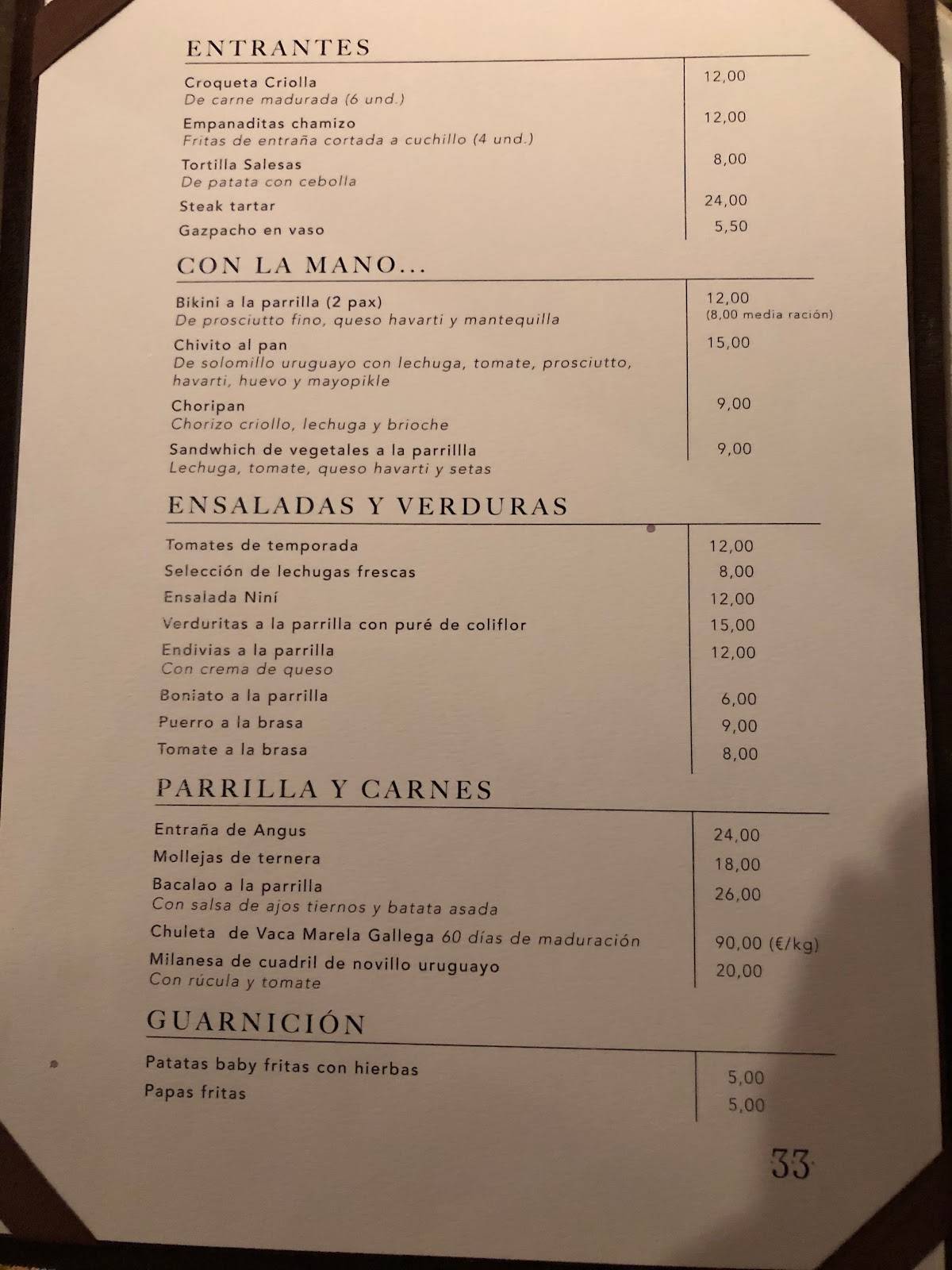 Carta de Los 33 Restaurante, Madrid