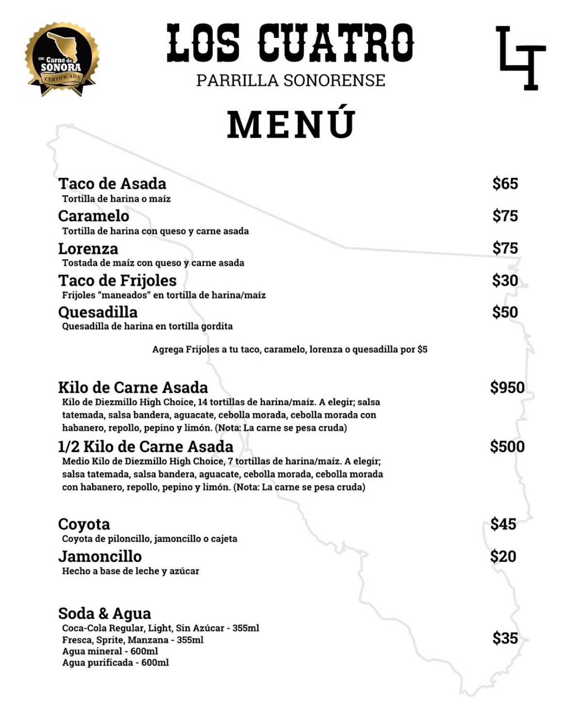 Menu at Los Cuatro - Parrilla Sonorense, Monterrey