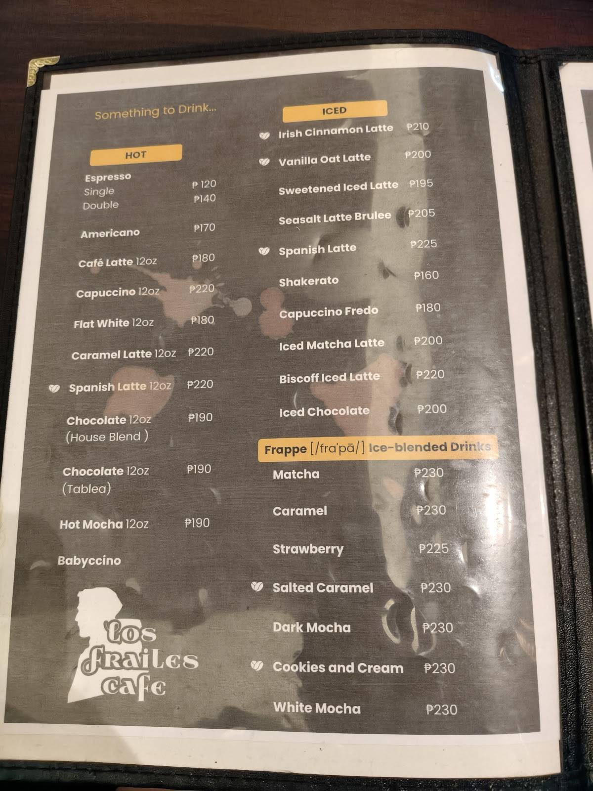 Menu at Los Frailes Cafe, Manila
