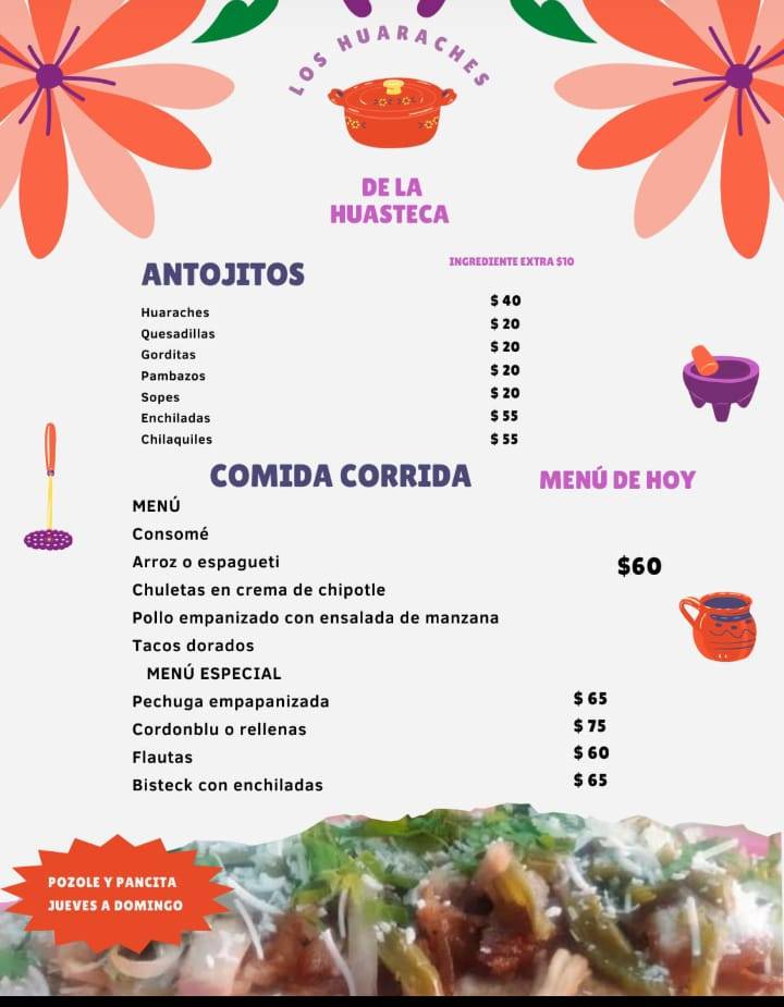Menu at Los Huaraches de la Huasteca restaurant, Ciudad Nicolás Romero