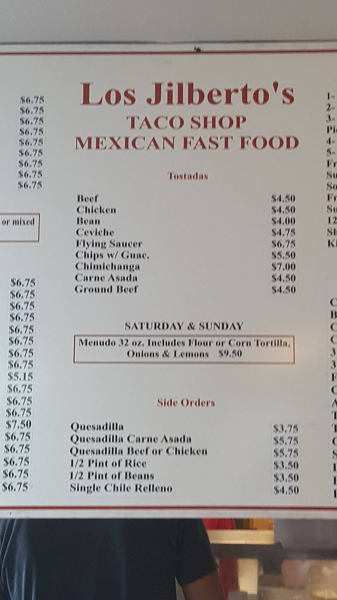 Menu at Los Jilbertos restaurant, Craig
