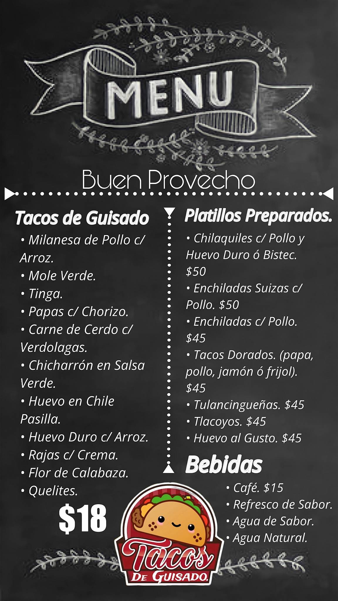 Menu at Los de Guisado restaurant, Pachuca