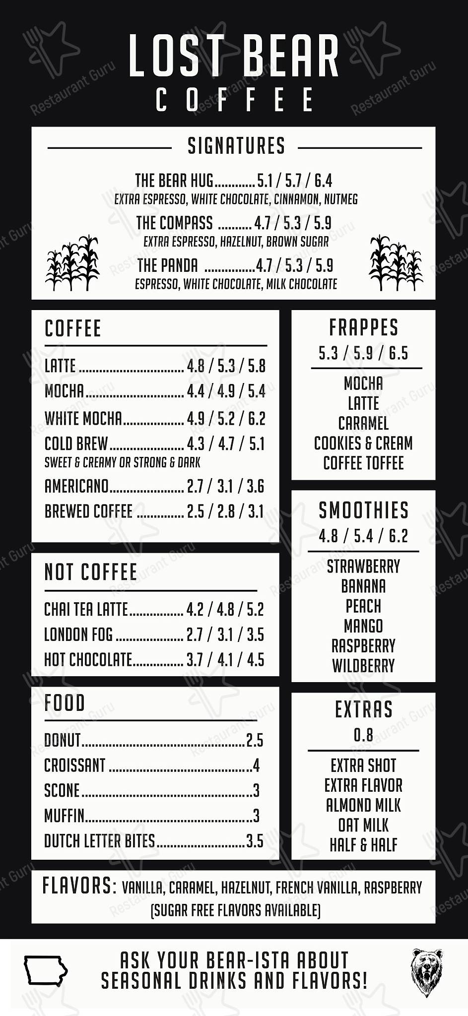 Menu at Lost Bear Coffee, Fort Madison, 909 48th St