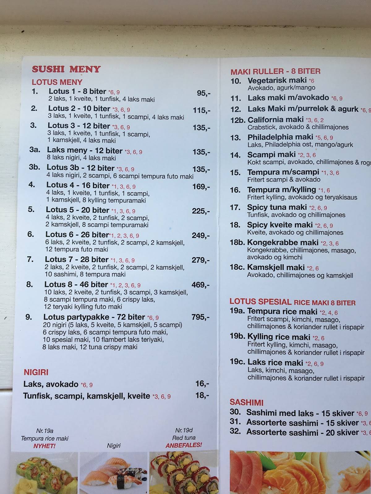 Carta del restaurante Lotus sushi, Sandefjord