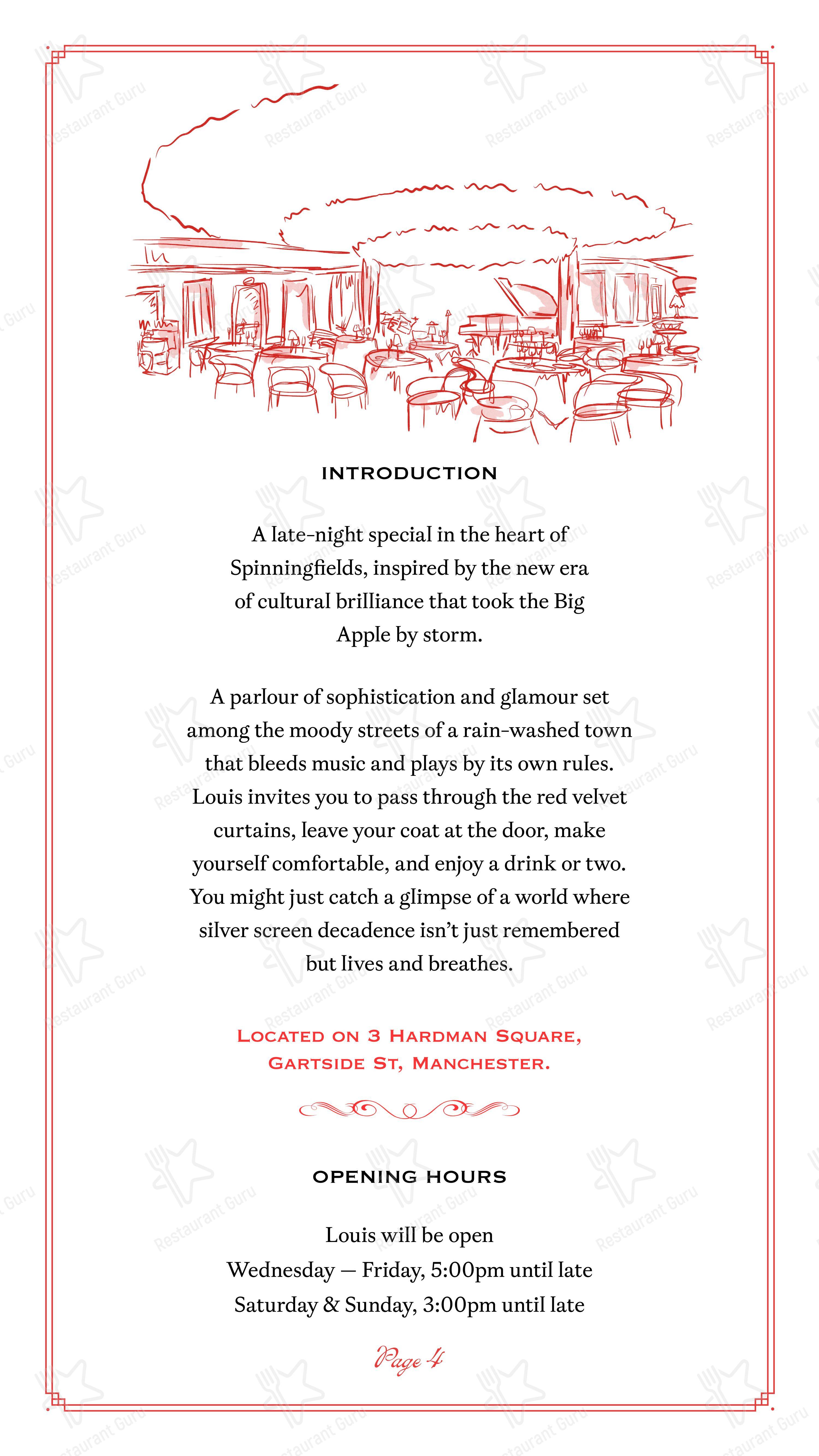 Menu at Louis Restaurant, Manchester