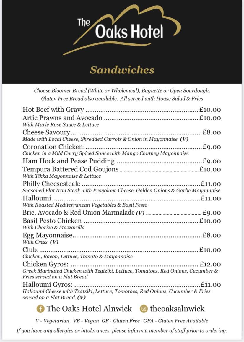Menu at The Oaks Hotel pub & bar, Alnwick