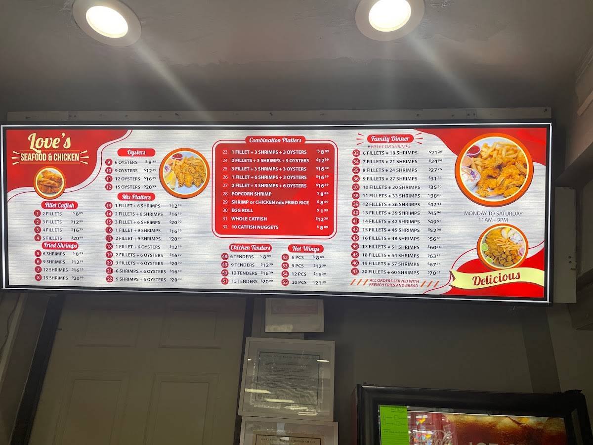 Menu at Love's Seafood & Chicken restaurant, Garland
