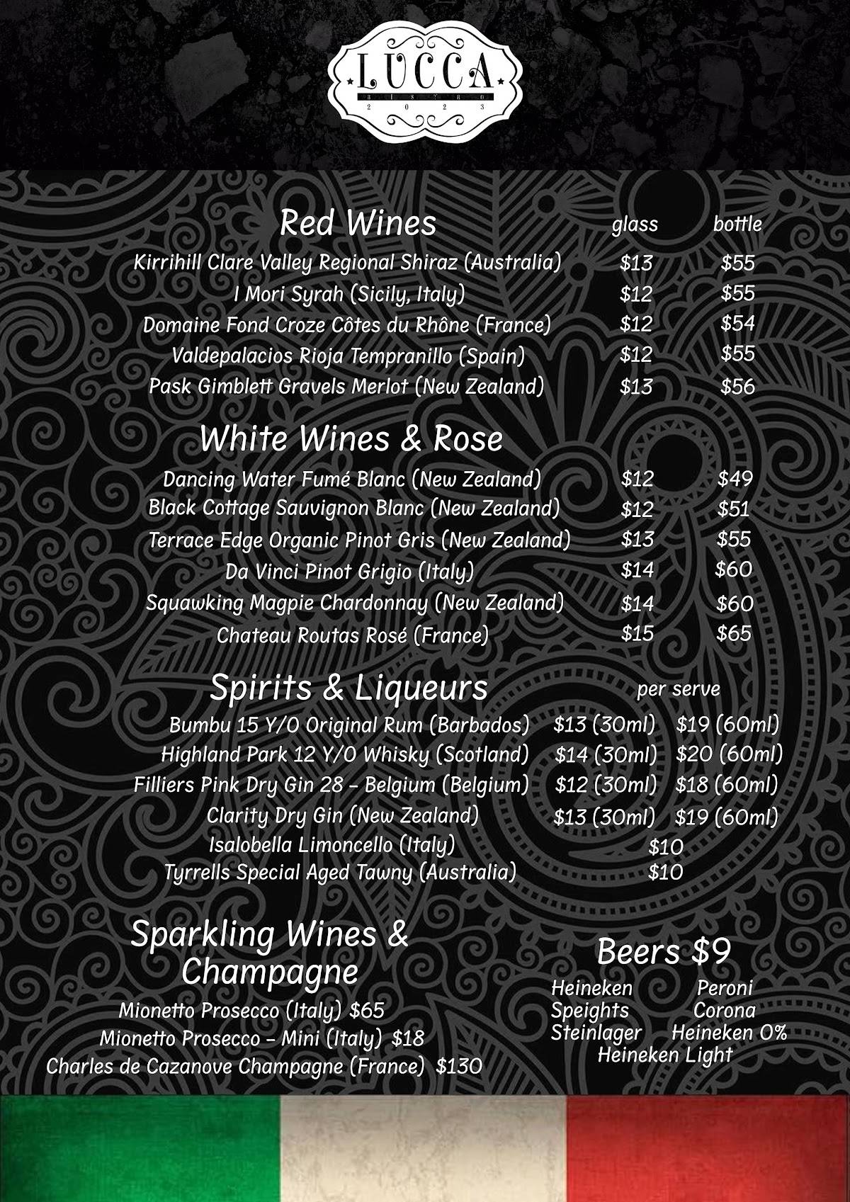 Menu at Lucca Italian Restaurant, Waihi Beach