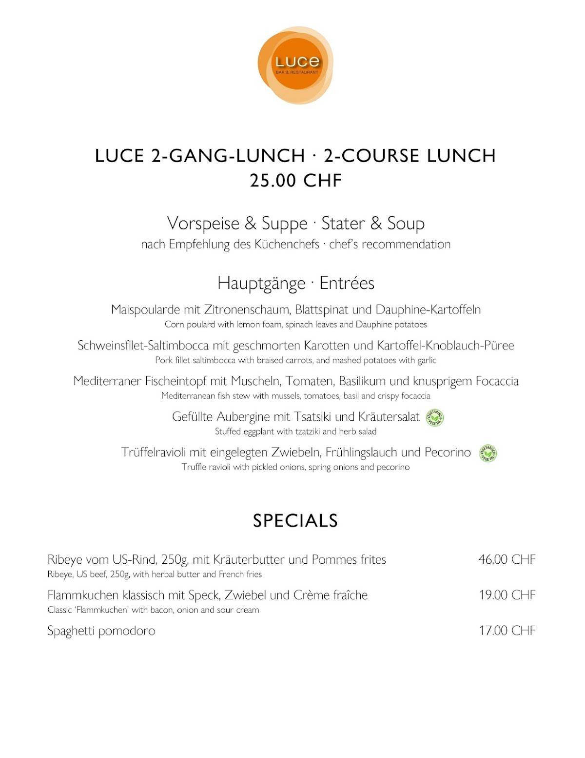 Menu at Luce Restaurant, Lucerne