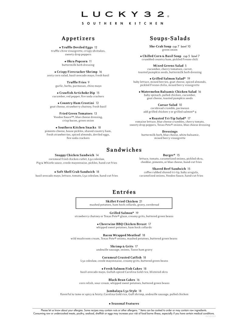 Menu at Lucky 32 Southern Kitchen restaurant, Greensboro