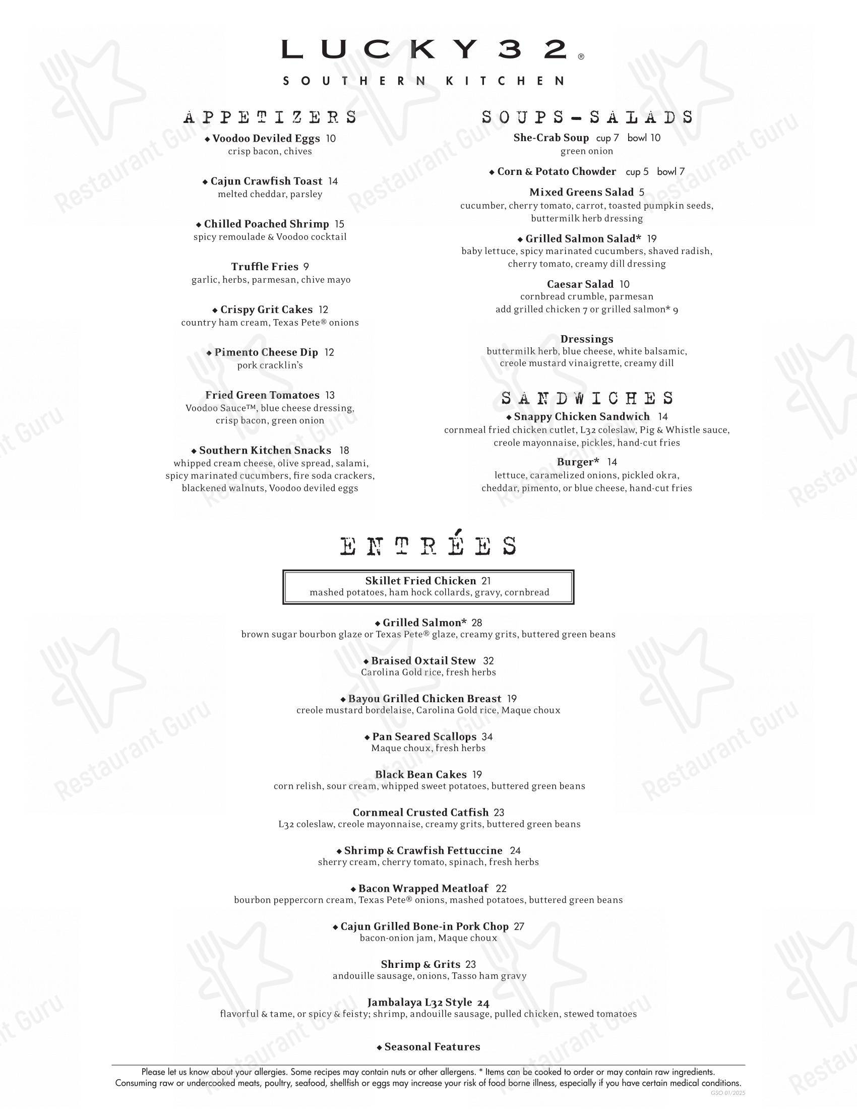 Menu at Lucky 32 Southern Kitchen restaurant, Greensboro