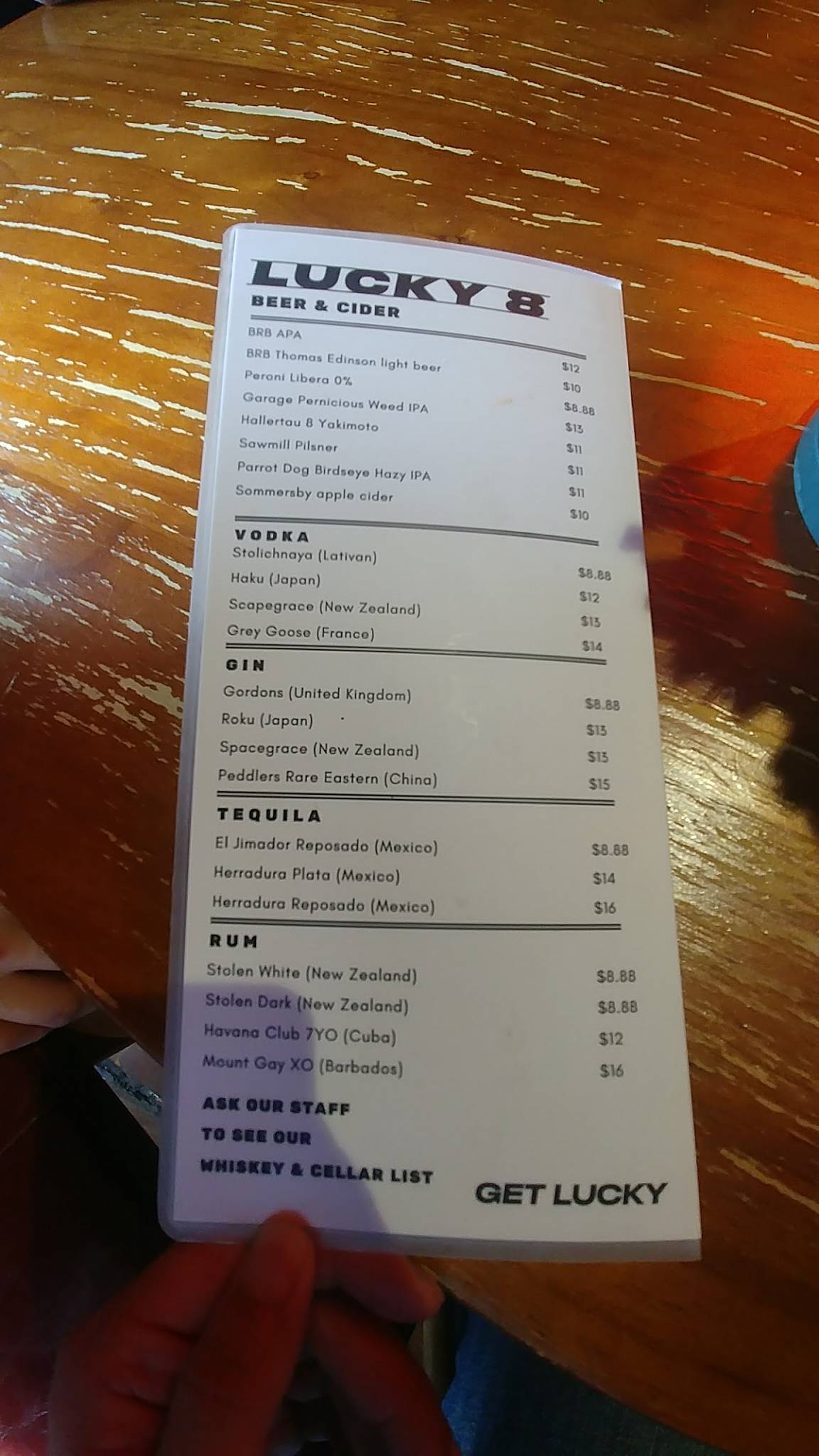 Menu at Lucky 8 restaurant, Auckland