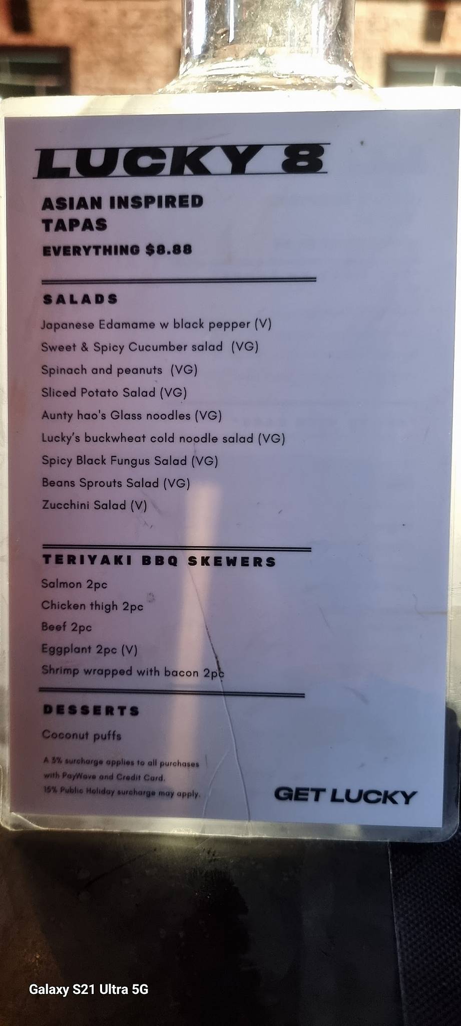 Menu at Lucky 8 restaurant, Auckland
