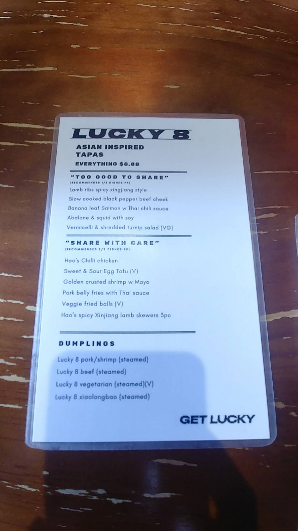 Menu at Lucky 8 restaurant, Auckland