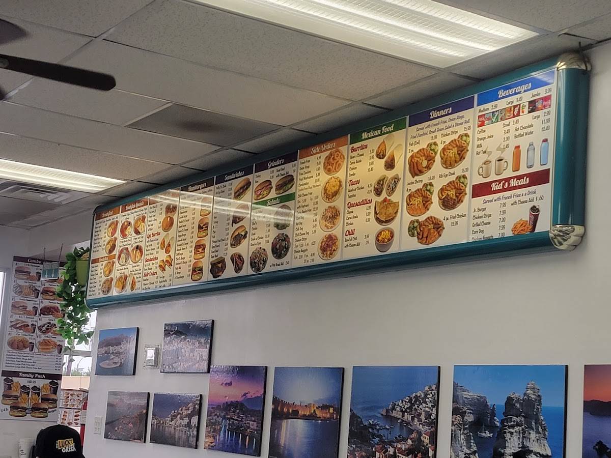 Menu at Lucky Greek fast food, Riverside, Merrill Ave