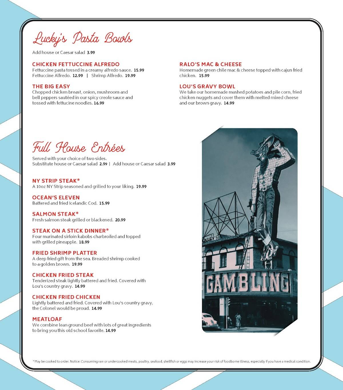 Menu at Lucky Lou’s American Kitchen restaurant, Mesa