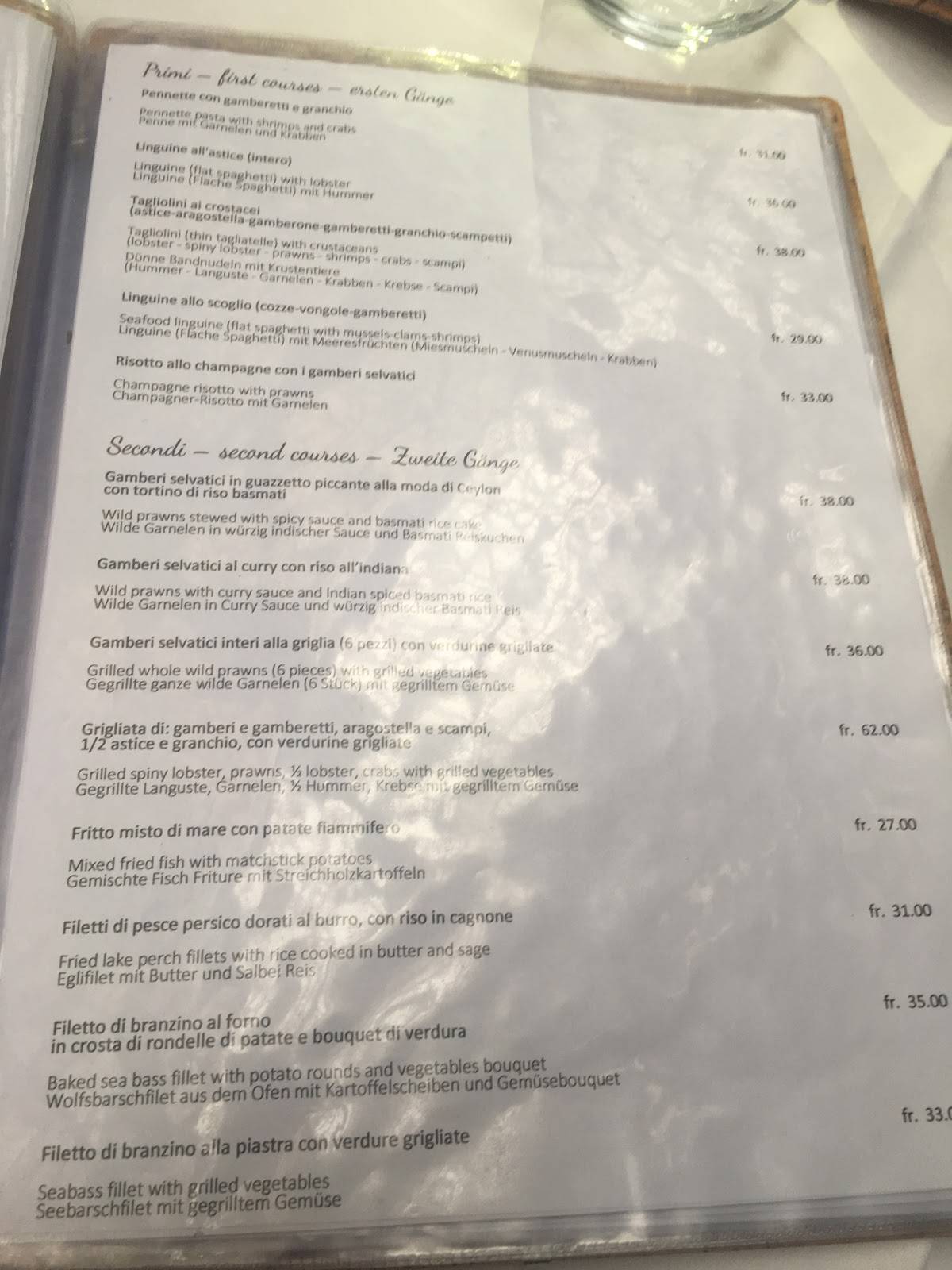Menu da Ristorante Trattoria Galleria, Lugano