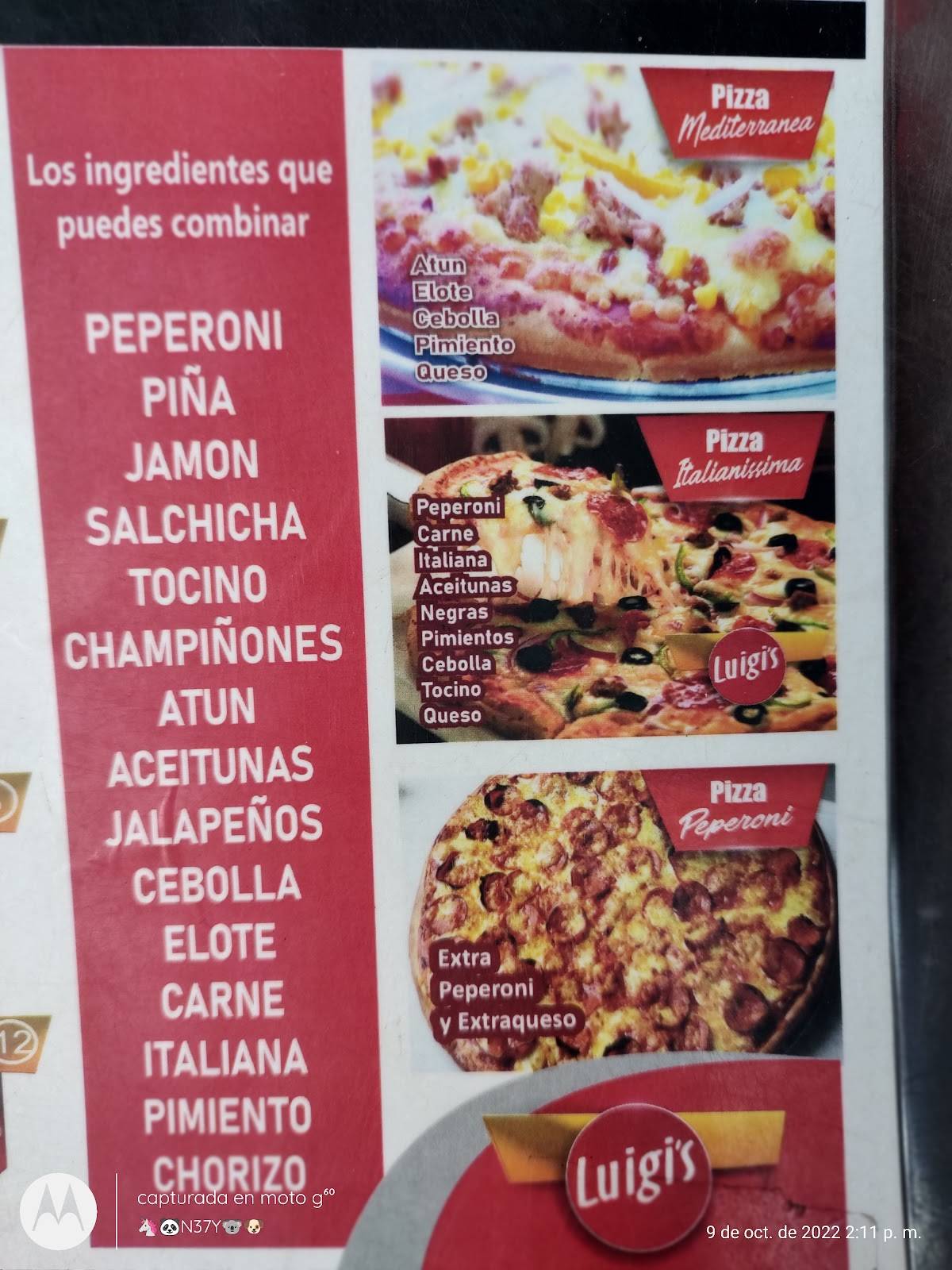 Menu at Luigi's Pizza restaurant, Acámbaro, Primero de Mayo 1659