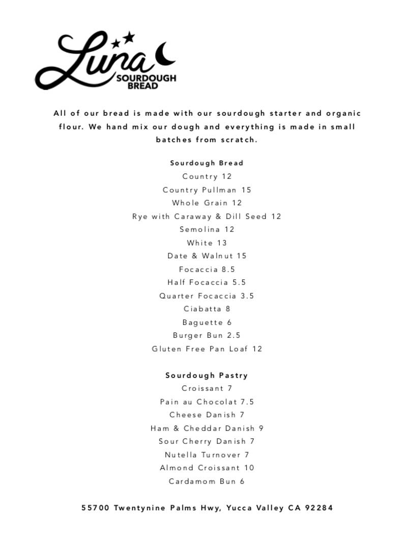 Menu at Luna Bakery, Yucca Valley