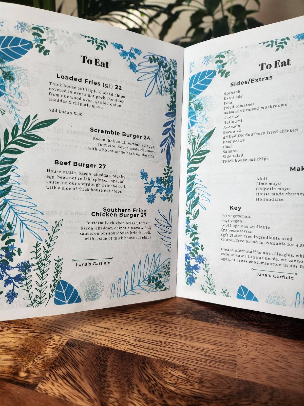 Menu at Luna’s Garfield cafe, Garfield