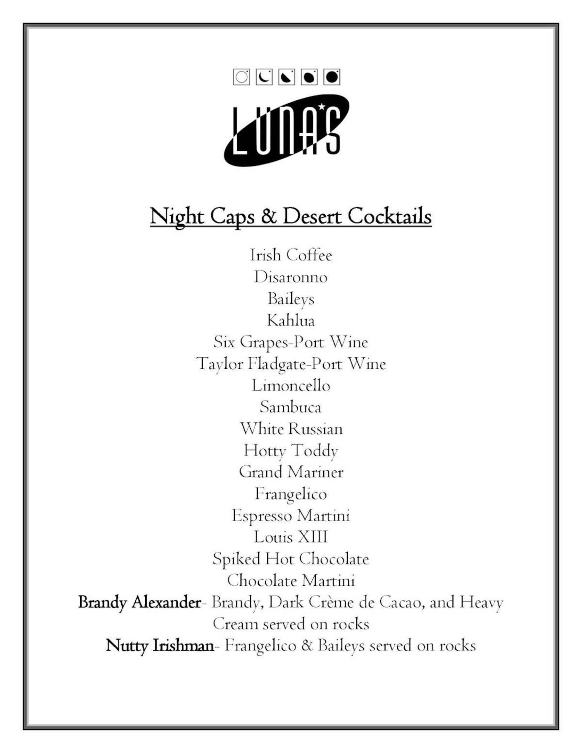 Menu at Luna's Restaurant, Gainesville