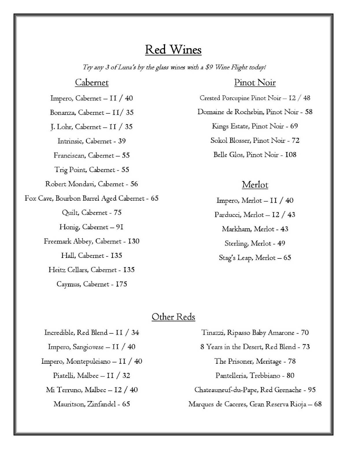 Menu at Luna's Restaurant, Gainesville