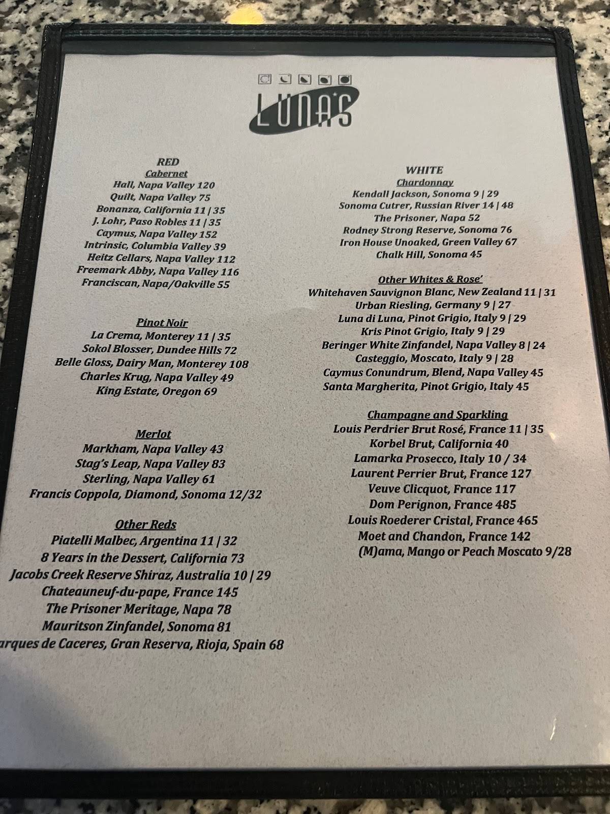 Menu at Luna's Restaurant, Gainesville