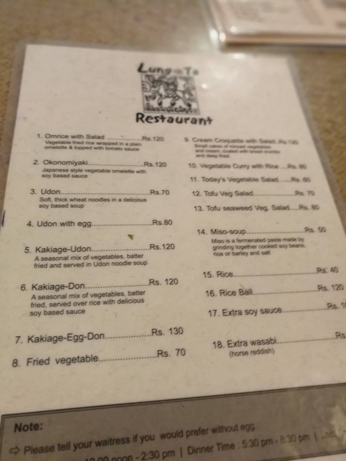 Menu at Lung Ta Japanese Restaurant, Dharamshala