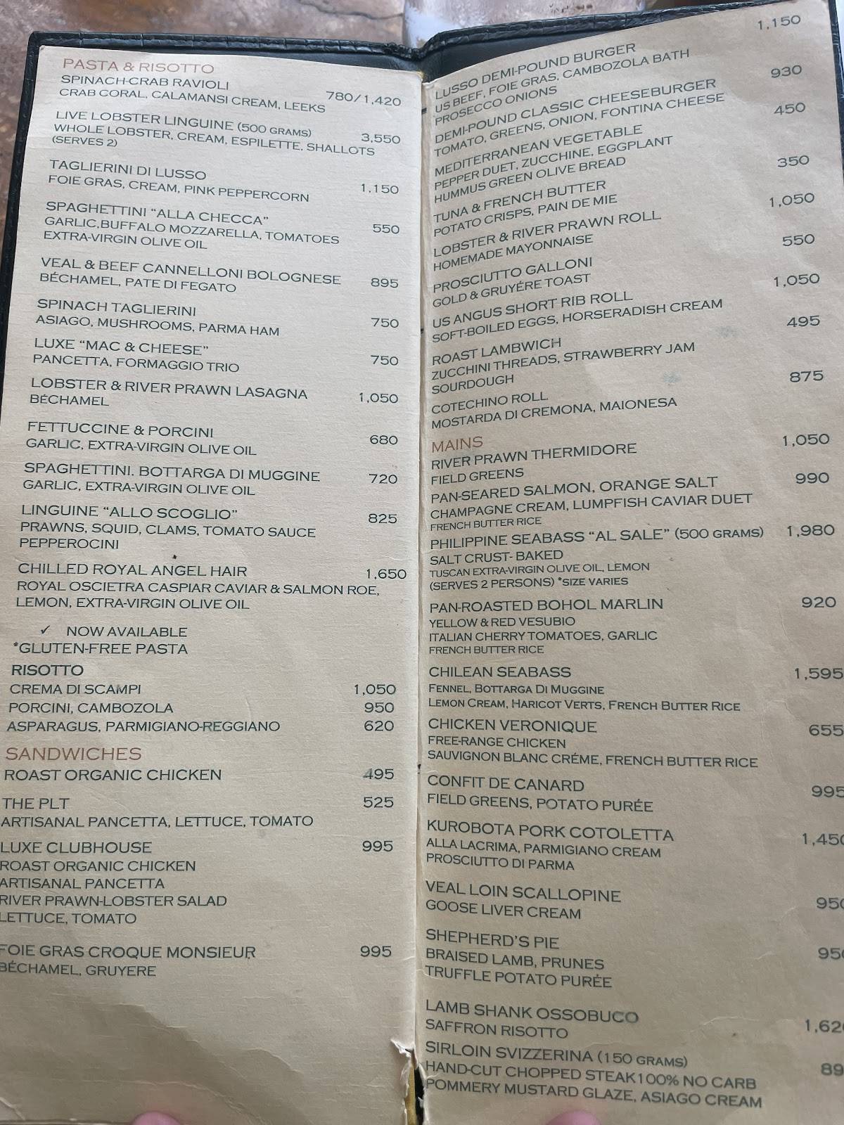 Menu at Lusso cafe, Makati, Legaspi Street