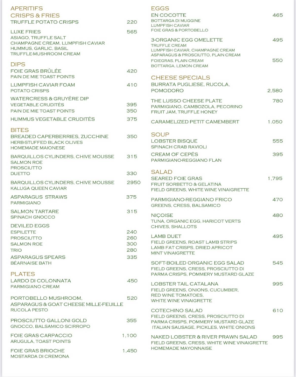 Menu at Lusso cafe, Makati, Legaspi Street