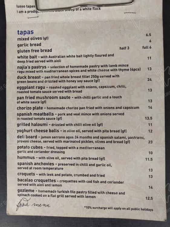 Menu at Lusso Tapas Rouse Hill restaurant, Rouse Hill, 82 Main St