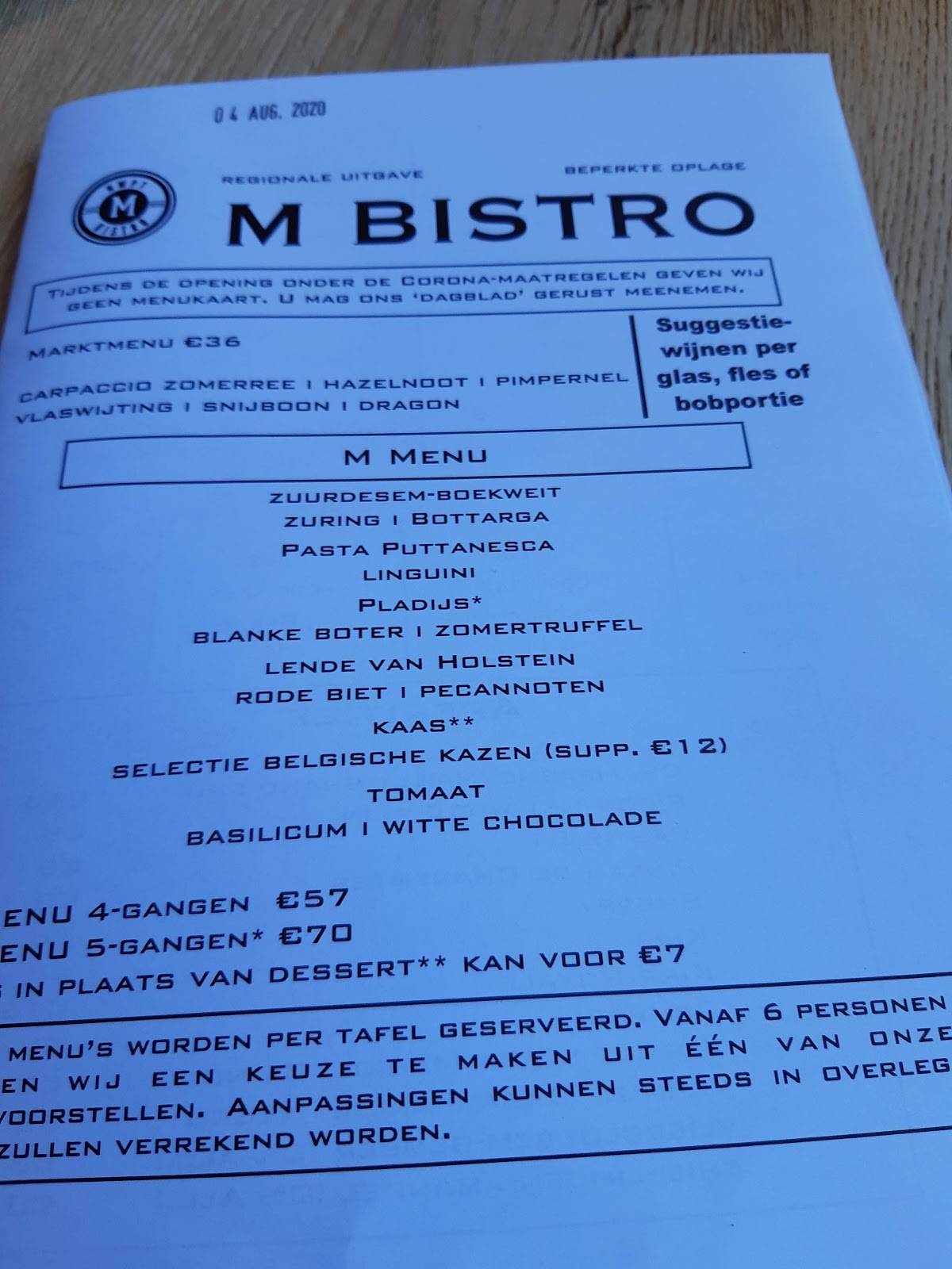 Menu at M BISTRO, Nieuwpoort