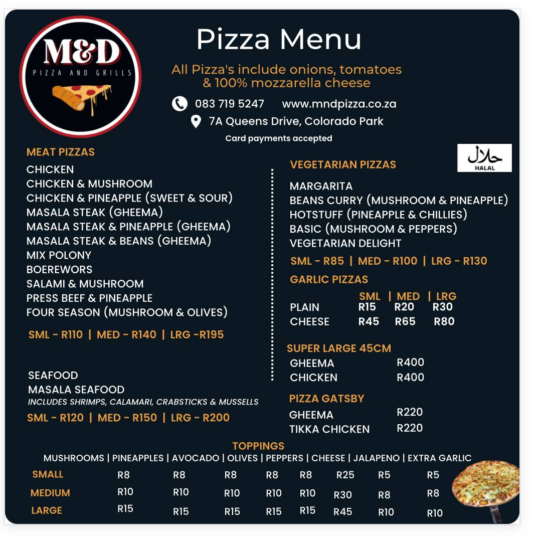 Menu at M&D Pizza & Burger restaurant, Cape Town