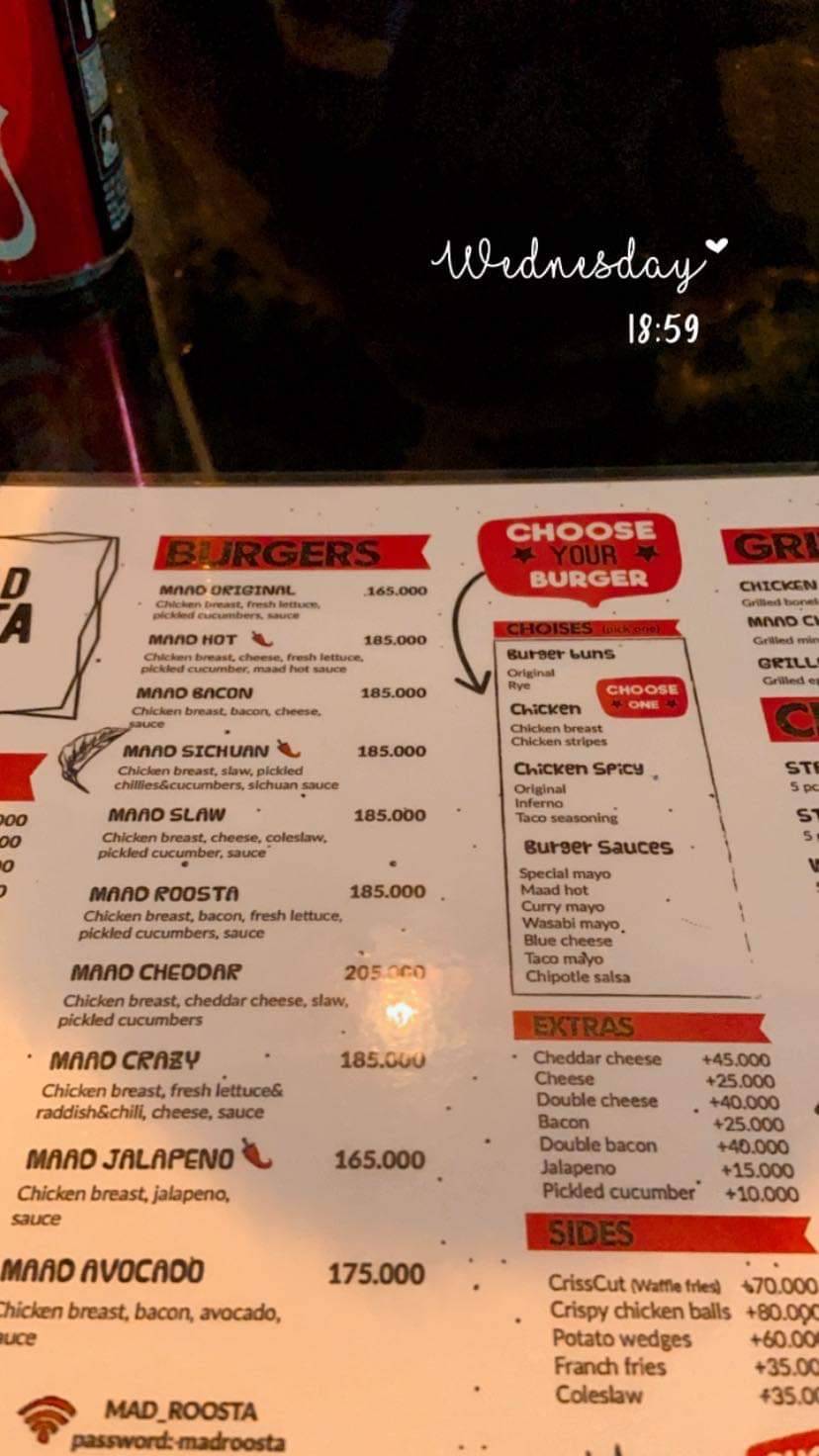 Carta del restaurante MAD ROOSTA Burgers & Grill, Ciudad Ho Chi Minh ...