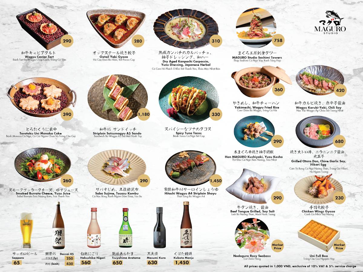 Menu at MAGURO Studio restaurant, Ho Chi Minh City