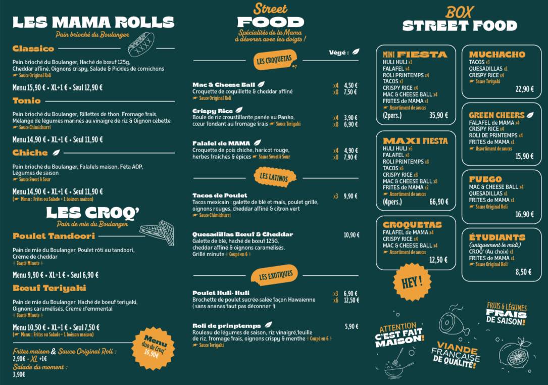 Menu au MAMA ROLI restaurant, Angers