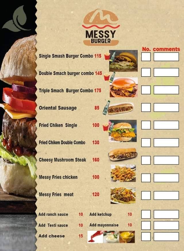 Menu at MESSY BURGER restaurant, El Obour City