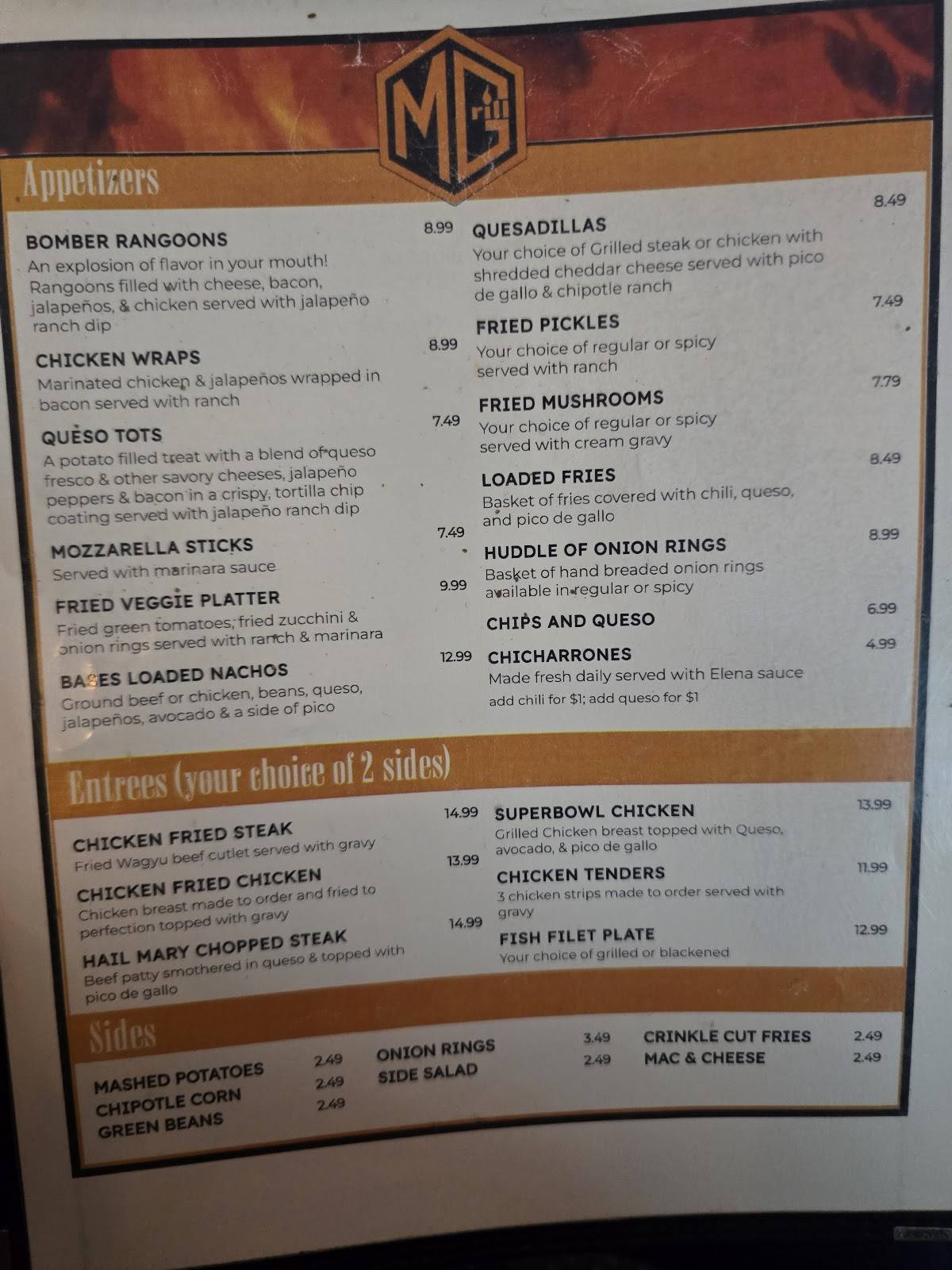 Menu at MG Grill restaurant, Beeville