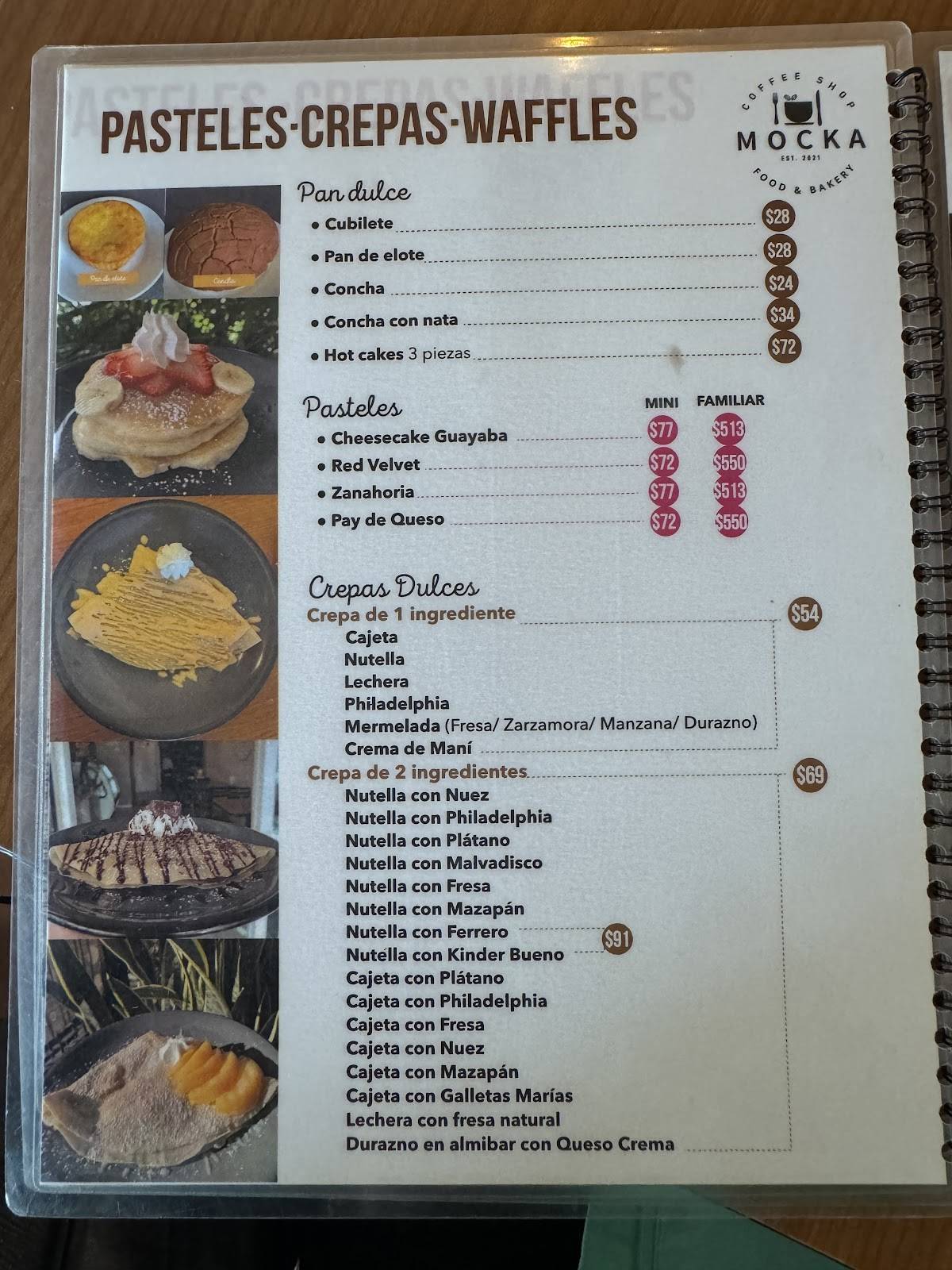 Carta de MOCKA Coffee shop & Bakery, Corregidora