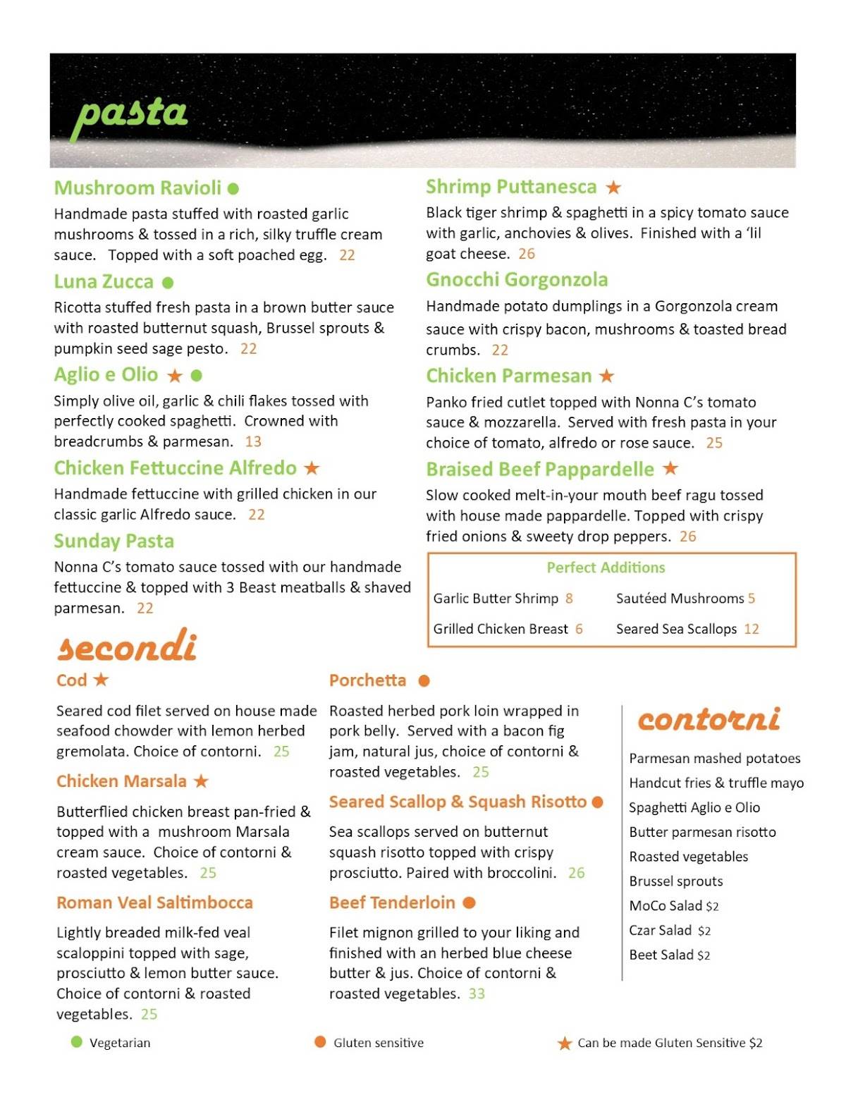 Menu at MOCO Downtown restaurant, Fredericton, 100 Regent St
